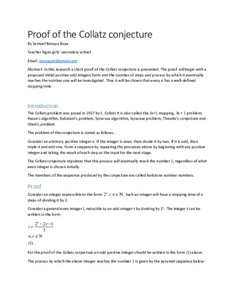 Pdf The Collatz Conjecture Determining An Infinite Convergent Sequence Tim Tarver