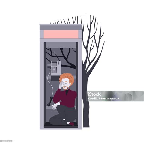 외로운 남자 캐릭터가 공중전화 부스에 앉아 우울과 슬픔을 느끼는 외로움 벡터 일러스트레이션 공중전화 부스에 대한 스톡 벡터 아트