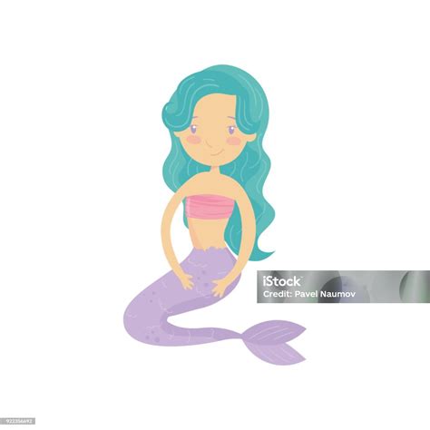 웃 긴 청록색 머리 인 어 보라색 물고기 꼬리를 가진 만화 소녀입니다 아름 다운 신화 생물입니다 어린이 책 스티커 또는 엽서
