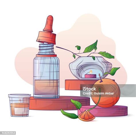 에센셜 오일 오렌지 잎 아로마 램프 양초 병이있는 구성의 벡터 일러스트레이션 0명에 대한 스톡 벡터 아트 및 기타 이미지 0명 감귤류 과일 개념 Istock