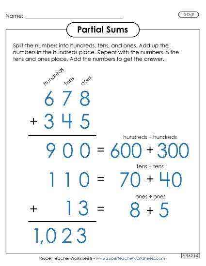 Partial Sums Addition Worksheets