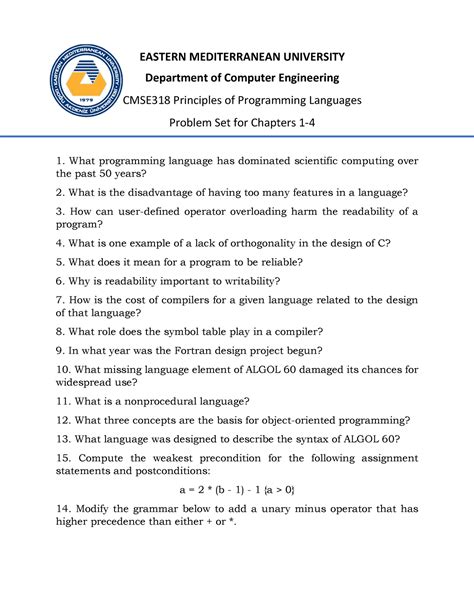 318Problem Set 1 Practice Material EASTERN MEDITERRANEAN UNIVERSITY Department Of Computer