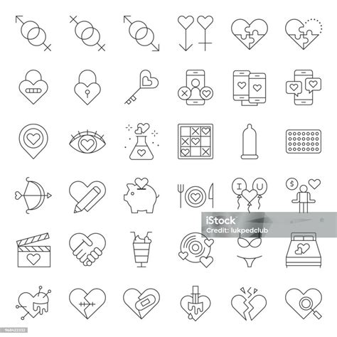 발렌타인 데이트 사랑 및 로맨스 라인 아이콘 크기 128 픽셀 그리드 시스템에 실연에 대한 스톡 벡터 아트 및 기타 이미지