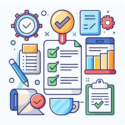Colorful Illustration Of Productivity Icons With Checkmarks A Gear A Clipboard And A Coffee Cup