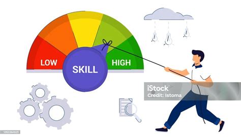 기술 수준 성장 개념 전문 또는 교육 지식 레벨업 및 경력 개발 진행 미터 교육 기술 향상 및 목표에 대한 전문적인 개선 열망