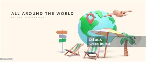 행성 포인터 비행기 야자수 해변 의자 도로 표지판 우산이 있는 3d 현실적인 스타일의 전 세계 개념 포스터 벡터 그림 3차원 형태에 대한 스톡 벡터 아트 및 기타 이미지