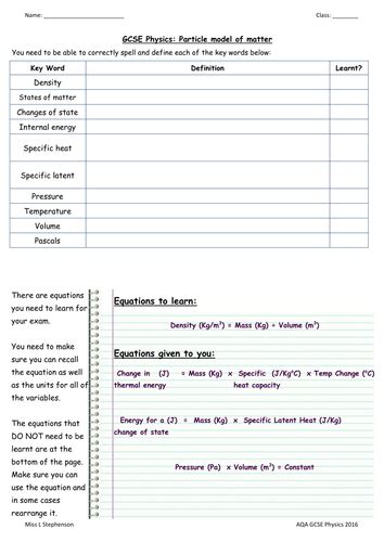 Aqa New Physics 2018 Revision Checklist Particle Model Of Matter Teaching Resources