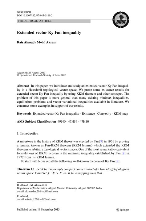 Pdf Extended Vector Ky Fan Inequality