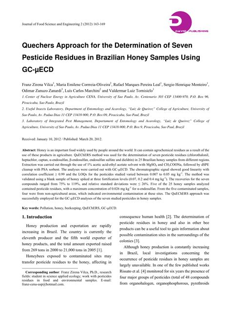 Pdf Quechers Approach For The Determination Of Seven Pesticide Residues In Brazilian Honey