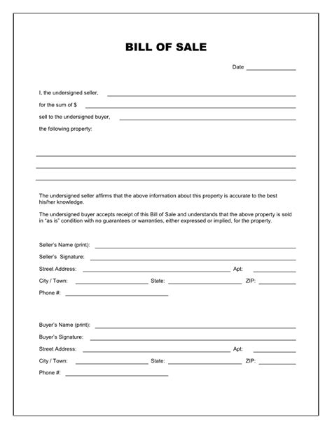 Bill Of Sale Form Printable Free
