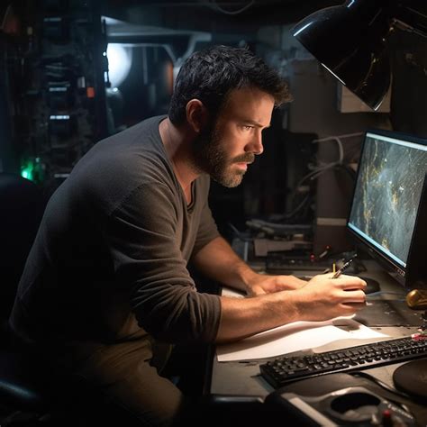 Premium AI Image A Man Sits At A Desk In A Dark Room Looking At A Computer Screen