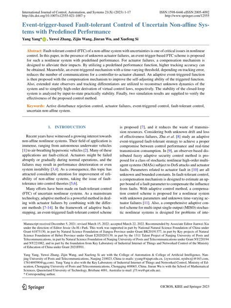 Pdf Event Trigger Based Fault Tolerant Control Of Uncertain Non