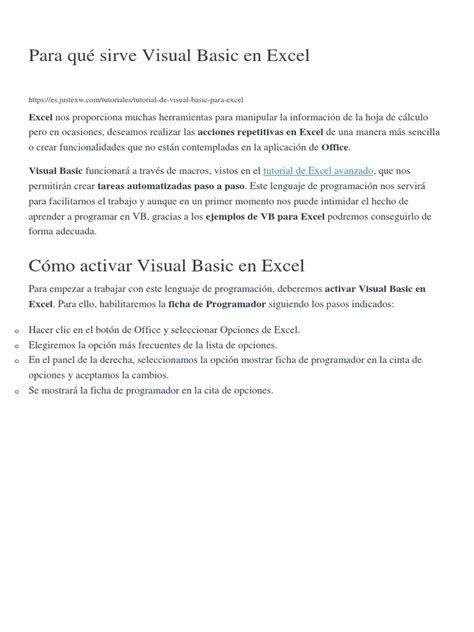 Para Qué Sirve Visual Basic En Excel Pdf Básico Microsoft Excel