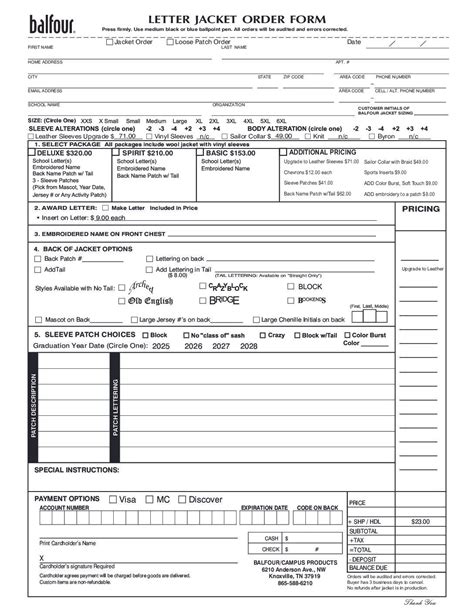 Sy2025 Letter Jacket Order Form Balfour Campus Products Knoxville