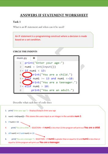 Answers If Statements For Beginners Worksheet Teaching Resources