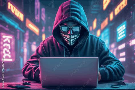 Hacker Wearing Hood With Laptop Hacker Wearing Hood With Laptop Cyber Hacker In Hoodie With
