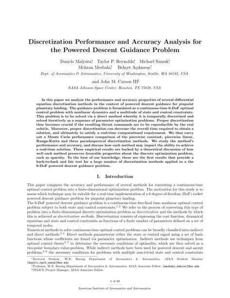 Pdf Discretization Performance And Accuracy Analysis For The Rocket Powered Descent Guidance