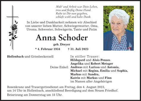Traueranzeigen Von Anna Schoder Augsburger Allgemeine Zeitung