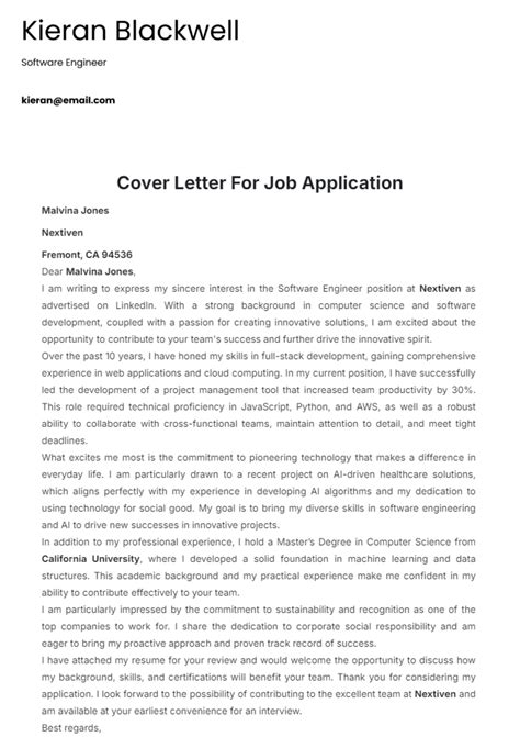 Free Cover Letter For Job Application Template To Edit Online