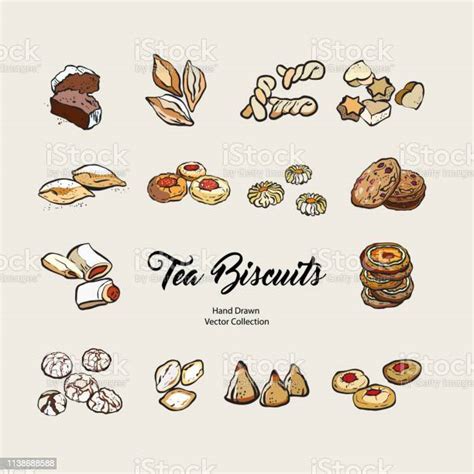 비스킷 고립 된 손으로 그린 벡터 세트 라인 그림 오래 된 스타일 벡터 차 비스킷 요리 로고 포장 디자인 카페 메뉴 배너 Flayer에 대 한 쿠키 레트로 손으로 그린
