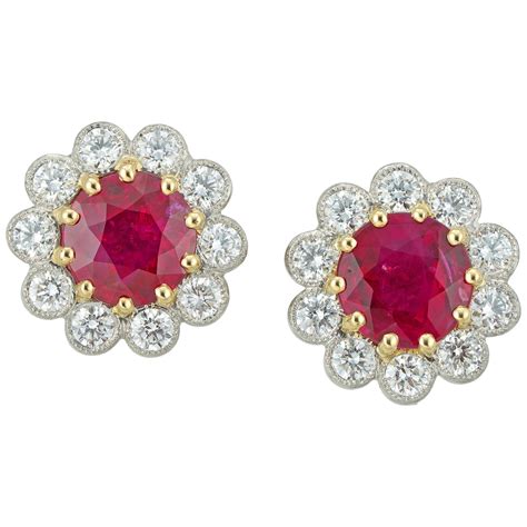 Pair Of Ruby And Diamond Cluster Earrings For Sale At 1stdibs