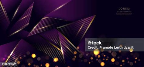 황금색 선과 조명 효과가 있는 고급스러운 삼각형 우아한 보라색과 텍스트를 위한 복사 공간이 있는 보케 템플릿 수상 디자인 3차원 형태에 대한 스톡 벡터 아트 및 기타 이미지