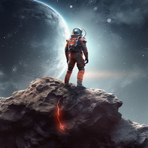 Man Astronaut In A Spacesuit On The Surface Of The Planet In Outer Space Ai Stock Illustration