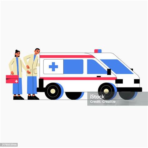 응급 서비스 건강 관리 및 의료 지원을 상징하는 평면 벡터 그림에서 의료 팀과 함께 구급차 흰색 배경에 고립 간호사에 대한 스톡 벡터 아트 및 기타 이미지 Istock