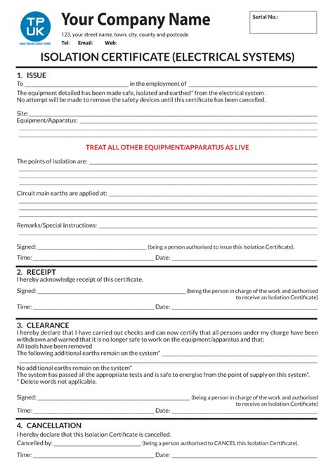 Electrical Isolation Certificate Template