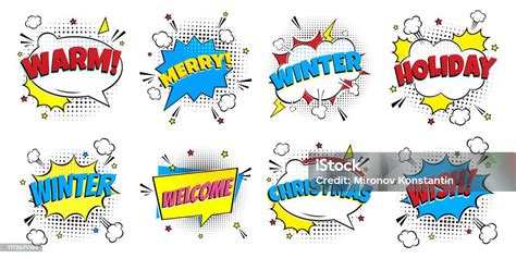 8 연설 거품 만화 스타일 평면 디자인에 만화 겨울 레터링 동적 팝 아트 벡터 그림 흰색 배경에 격리 만화 스타일 팝 아트 음성 문구의 느낌표 개념입니다 개체 그룹에 대한