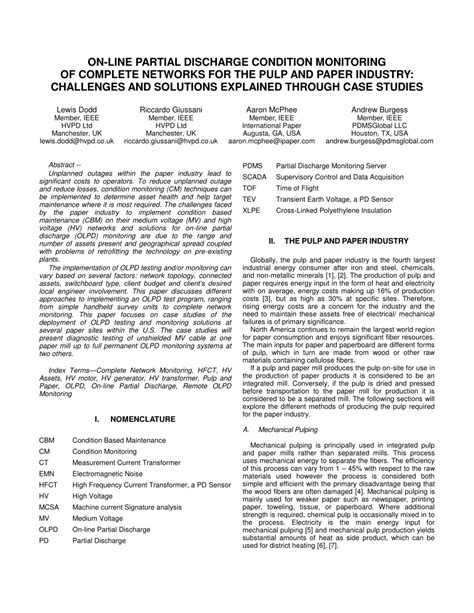Pdf On Line Partial Discharge Condition Monitoring Of Complete Networks For The Pulp And Paper