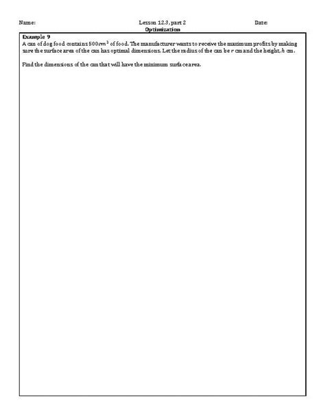 Guided Notes Lesson 123 Part 2 Maximum And Minimum Points And Optimization