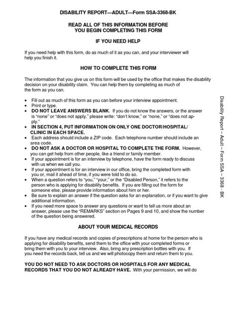 Disability Report Adult Form Ssa 3368 Bk Read All Of This Information