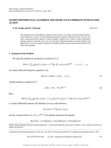 Matrix Differential Algebraic Boundary Value Problem With Pulsed Action Request Pdf