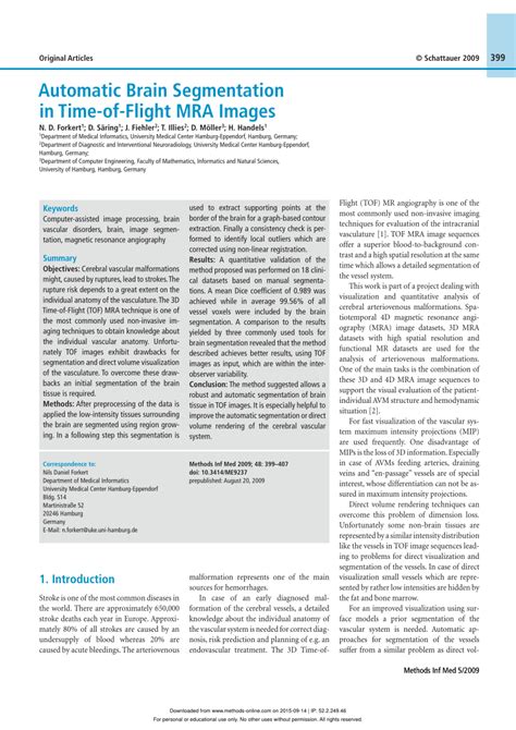 Pdf Automatic Brain Segmentation In Time Of Flight Mra Images