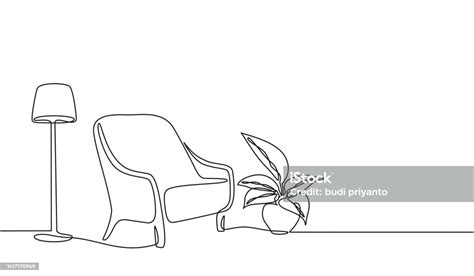 의자 램프 및 화분 식물이있는 거실 인테리어 가구의 연속 선 그리기 낙서 스타일의 거실 인테리어를위한 세련된 가구 한붓그리기에 대한 스톡 벡터 아트 및 기타 이미지 Istock