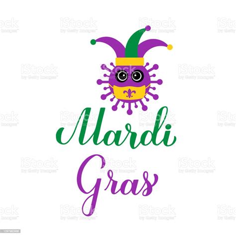 마디 그라 서예 는 마스크를 착용 귀여운 바이러스와 문자 뉴 올리언스에서 지방 화요일 전통 카니발 때문에 공동 전염병 배너 전단지 포스터 스티커 등을 위한 벡터 템플릿