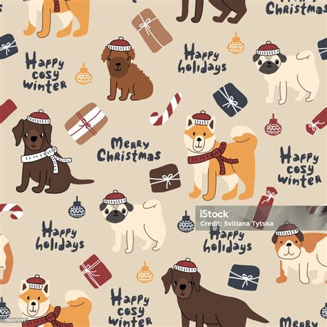 겨울에는 빨간 흰색 모자와 스카프 레터링 선물에 강아지의 매끄러운 패턴 래브라도 리트리버 푸들 강아지 불독 아키타 이누 퍼그 크리스마스 시간에 벡터 그림 크리스마스에 대한
