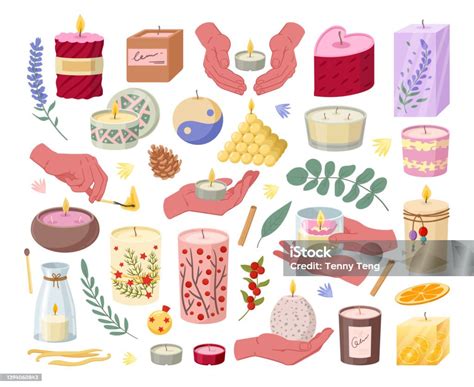 가정용 양초 향초 인테리어 장식 및 아로마 테라피 손을 잡고 가벼운 향기로운 왁스 캔들 벡터 기호 일러스트 레이 션 세트 만화 양초 컬렉션 공예에 대한 스톡 벡터 아트 및