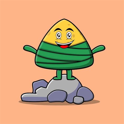 돌 벡터 일러스트 레이 션에 서 있는 귀여운 만화 중국 쌀 만두 캐릭터 프리미엄 벡터