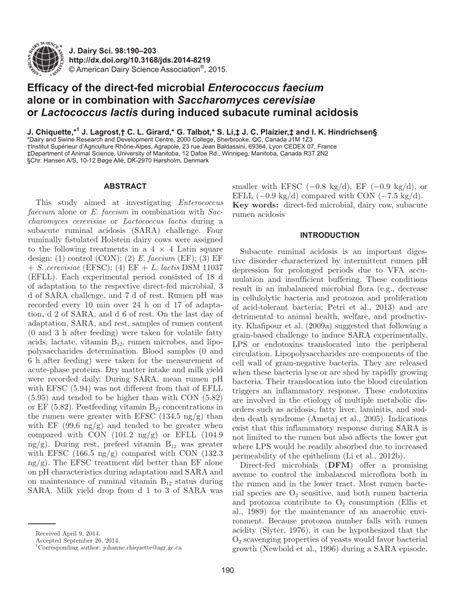 Pdf Efficacy Of The Direct Fed Microbial Enterococcus Faecium Alone Or In Combination With