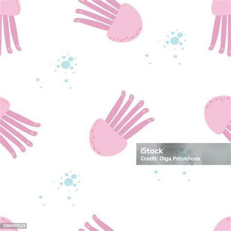 분홍색 해파리와 푸른 물 거품 흰색 배경에 매끄러운 패턴 해양 컬렉션 종이 직물 섬유 포장에 인쇄하기위한 벡터 그림 귀여운에 대한 스톡 벡터 아트 및 기타 이미지 Istock