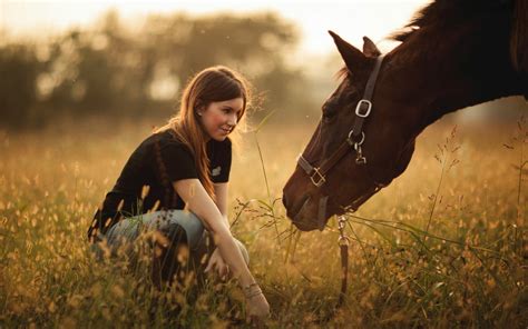 Brunette Female Cowgirl Horse Field Coolwallpapersme