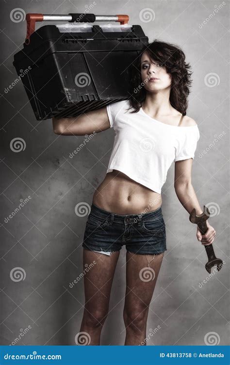 Girl Holding Toolbox And Wrench Spanner Stock Photo Image Of Provocative Beautiful