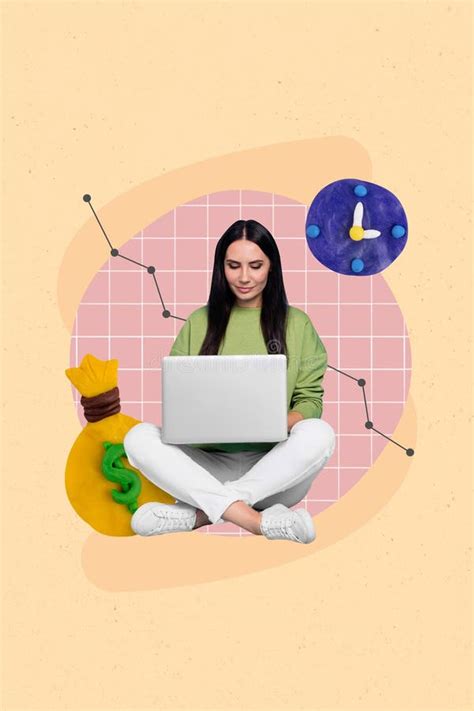 Creative Picture Template Collage Of Business Lady Using Netbook Check Cryptocurrency Growth
