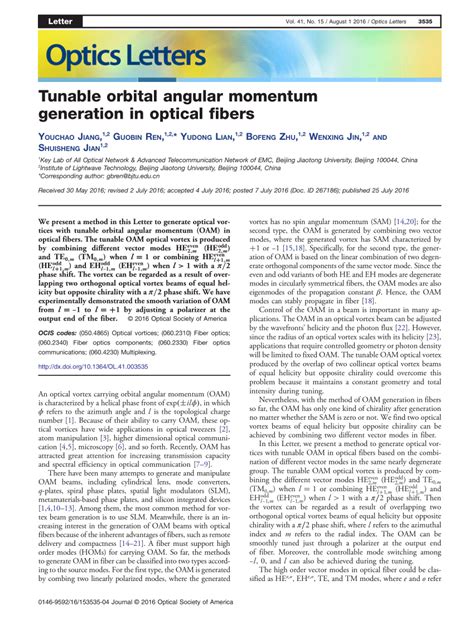 Pdf Tunable Orbital Angular Momentum Generation In Optical Fibers