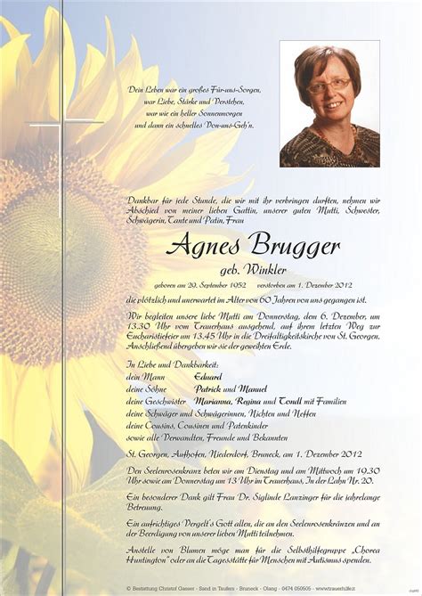 Agnes Brugger Aus Bruneck Trauerhilfeit Das Südtiroler Gedenkportal