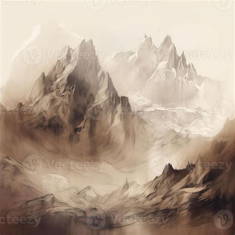 Olden Style Hand Drawing Brush Mountain Illustration Of Olden Style Hand Drawing Brush Mountain