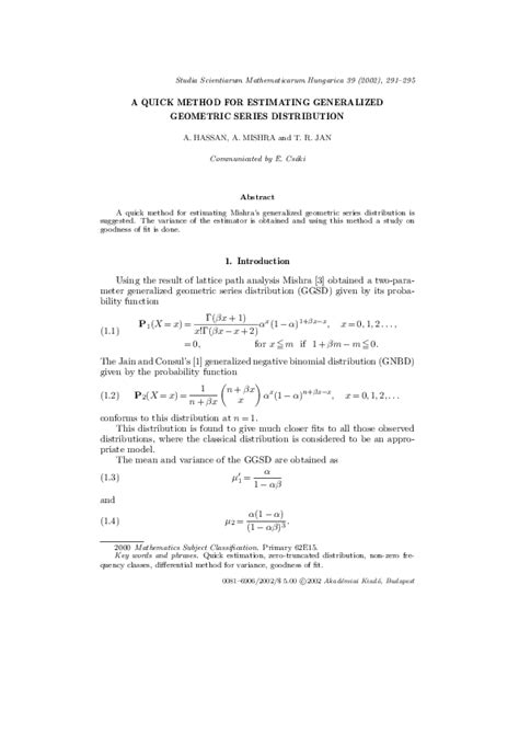 Pdf A Quick Method For Estimating Generalized Geometric Series Distribution Akshaya Mishra