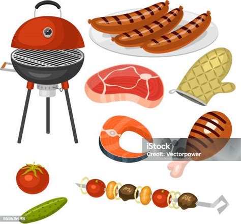 바베 큐 집 이나 레스토랑 Rarty 저녁 식사 제품 바베 큐 굽고 부엌 장비 벡터 평면 일러스트 레이 션 고기에 대한 스톡 벡터 아트 및 기타 이미지 Istock